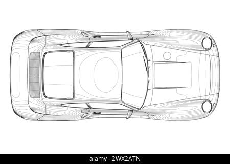 Outline of a sports car made of black lines isolated on a white background. Above view. Vector ...