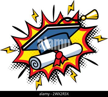 Graduation cap icon in comic style. Education hat vector cartoon ...