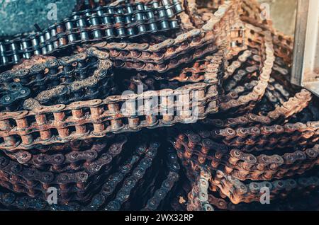Front view old chain transmission mechanism. Rusty bearings, cardan ...