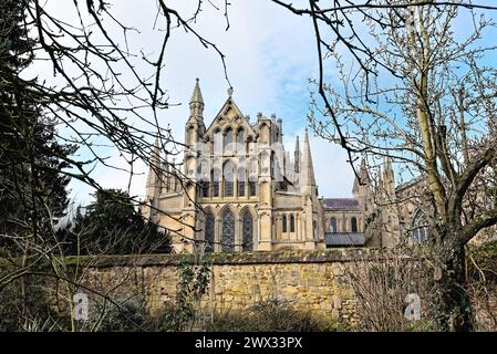 Exterior of the historic Ely cathedral on a sunny spring day ...