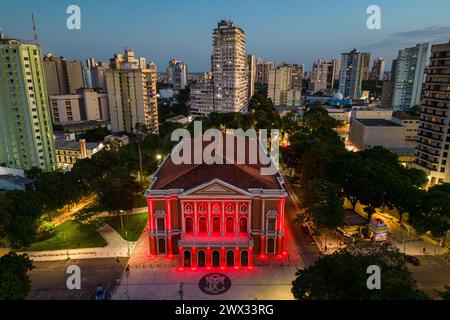 The Peace Theater Illuminated With Red Lights Aerial View in Republica ...