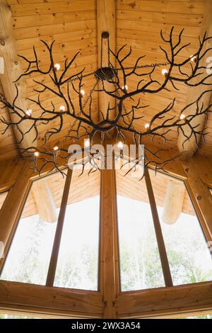 Knotty pine wood planks high cathedral ceiling with illuminated deer ...