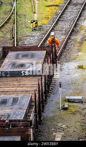Freight train with steel slabs at the Mülheim-Styrum marshalling yard ...