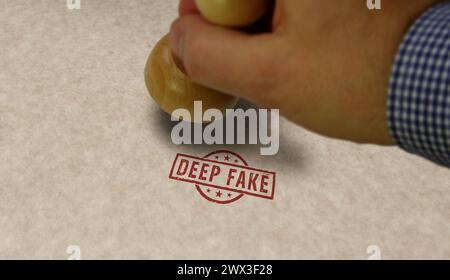 Deep fake hoax stamp and stamping hand. Fake news ai manipulation ...