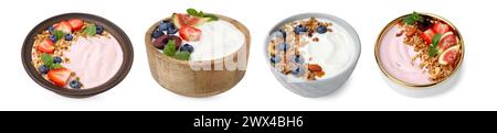 Different delicious yogurts isolated on white, top view Stock Photo - Alamy