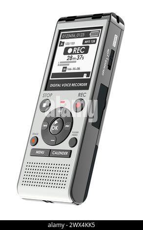 Modern digital voice recorder, dictaphone on blue background. 3D ...