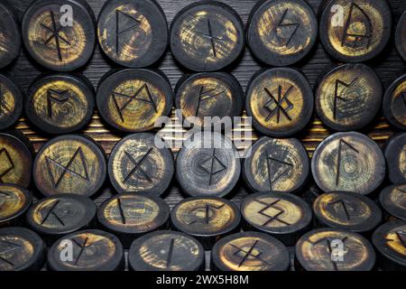 Runes carved from wood on the vintage wood background, Anglo-Saxons ...