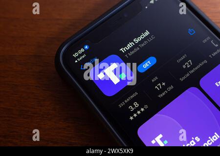 Truth Social app seen in App Store on an iPhone. Truth Social is an alt ...