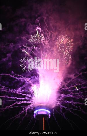 The vibrant fireworks display lighting up the night sky with colorful ...