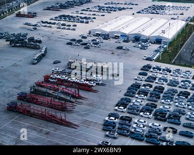 Aerial photo shows BYD new energy commercial vehicles at BYD's factory ...