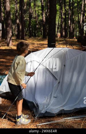Boy pitching a tent in the woods Stock Photo - Alamy