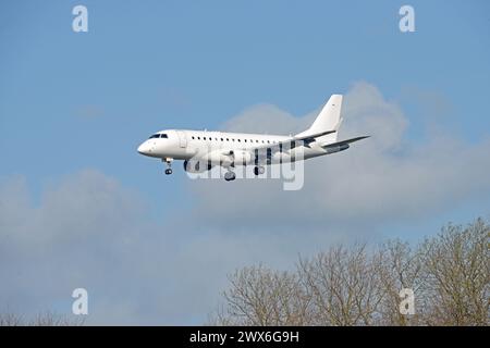 EASTERN AIRWAYS EMBRAER E-190 G-CMLI approaching runway 27 at LIVERPOOL ...