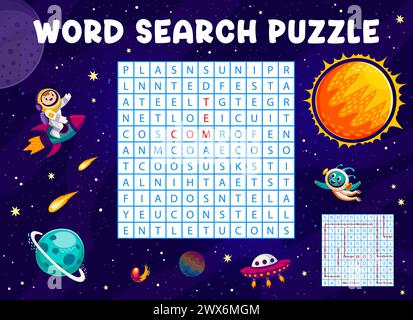 Word search puzzle game, astronaut and rocket between space planets ...