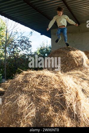 Child jumping on hay in barn Stock Photo - Alamy