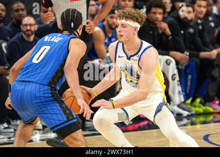 Golden State Warriors guard Brandin Podziemski arrives before an NBA ...