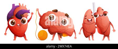 Cute characters of lungs and heart, human internal organs. Vector ...