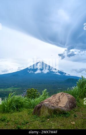 Aerial view volcano batur covered with vegetation mountain landscape ...