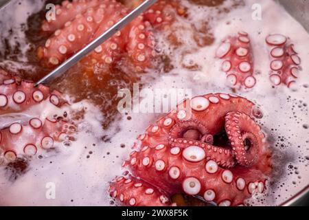 Tentacles of a raw octopus boiling in the water with salt in a big pot ...