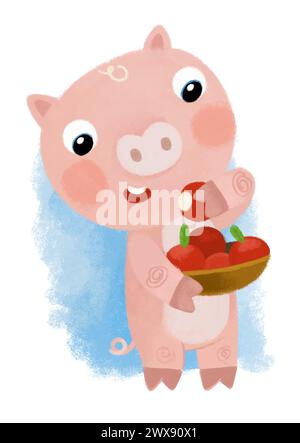 cartoon scene with happy farmer ranch pig hog holding basket full of ...