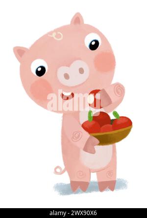 cartoon scene with happy farmer ranch pig hog holding basket full of ...
