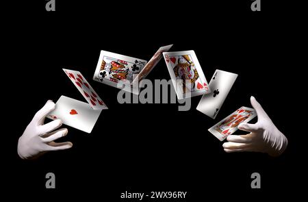 Magician performing card trick on black background, closeup Stock Photo ...