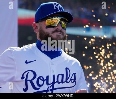 Kansas City Royals' Kyle Isbel (28) walks on the field during a ...