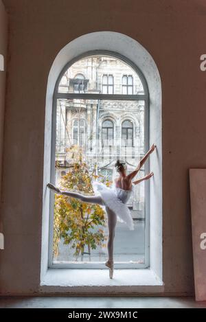 Ballerina poses en pointe, white tutu within an arched window frame ...