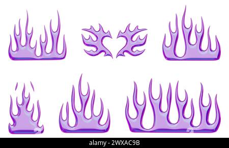 3D burning fire. Stickers with chrome flame shapes with glossy liquid ...
