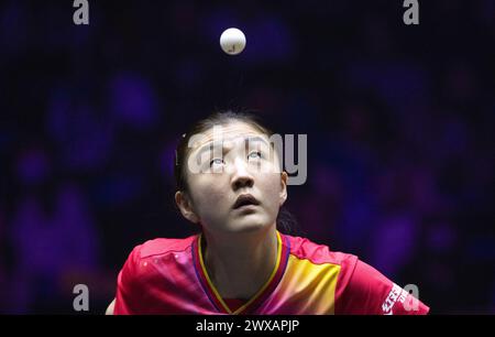 Incheon. 29th Mar, 2024. Chen Meng of China serves during the women's ...