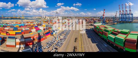 New imported cars and Shipping containers being unloaded at port ...