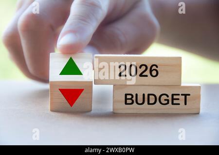 Budget 2026 text on wooden blocks with data analysis and office concept ...
