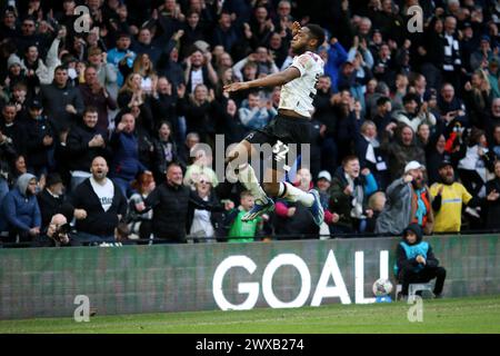 Ebou Adams of Derby County celebrates victory during the Sky Bet League ...
