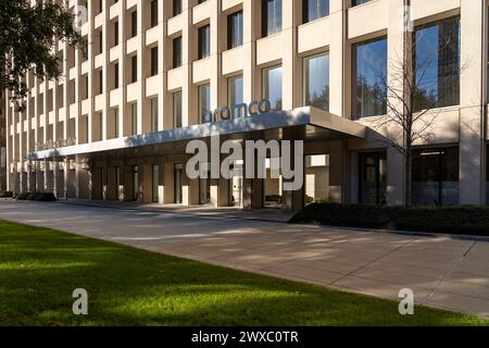Aramco logo sign on the office building in Houston, Texas, USA. Aramco ...