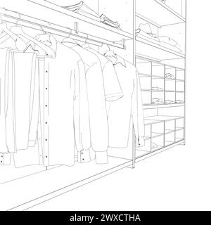 Outline of clothes on a hanger made of black lines isolated on a white ...