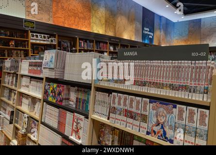 A picture of the manga and anime comics section at a large bookstore ...