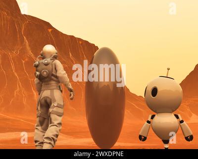 Astronaut and small robot facing a strange egg-shaped object and an ...