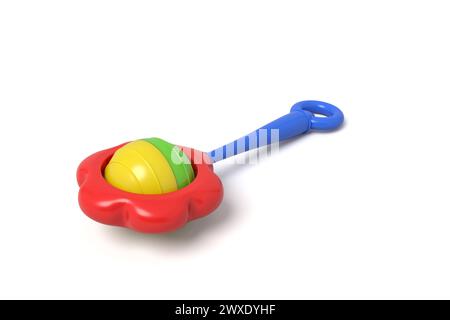 Blue and red baby rattle with yellow ball Stock Photo - Alamy