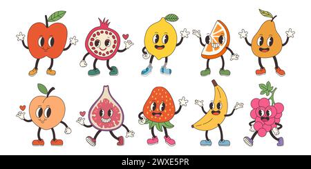 Groovy fruits set. Hand draw Funny Retro vintage trendy style fruits ...
