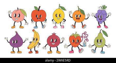 Groovy fruits set. Hand draw Funny Retro vintage trendy style fruits ...