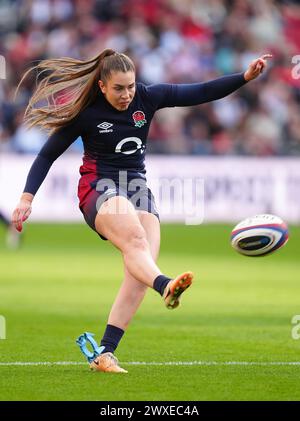 England's Holly Aitchison kicks a conversion during the Women's Rugby ...