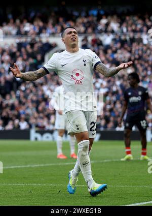 Tottenham Hotspur's Pedro Porro reacts following the Premier League ...