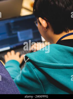Software developer students in auditorium hall working on computer and ...