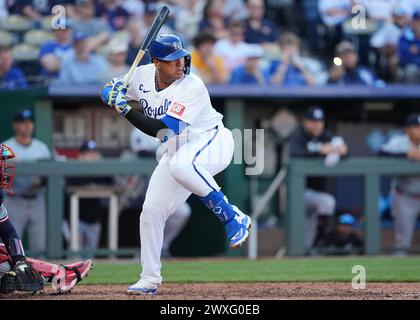 MAR 30, 2024: Kansas City Royals catcher Salvador Perez (13) drives a ...