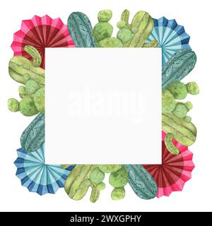 Square template frame with cacti and Mexican fiesta paper flower fans ...