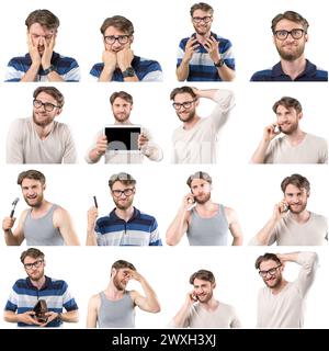 Collage of young handsome man over isolated background thinking looking ...