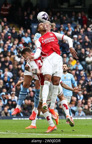 Gabriel Of Arsenal heads the ball during the Burnley v Arsenal Premier ...