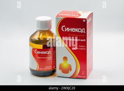 Kyiv, Ukraine - February 04, 2024: Studio shoot of GSK Sinecod syrup ...