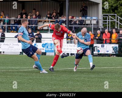 Dan Cockerline shoots at goal despite being challenged when Morpeth ...
