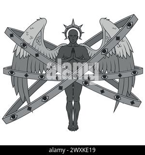 Vector design of praying angel with hoops, angelic throne of catholic ...