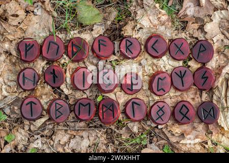 Red runes carved from wood on the ground Stock Photo - Alamy